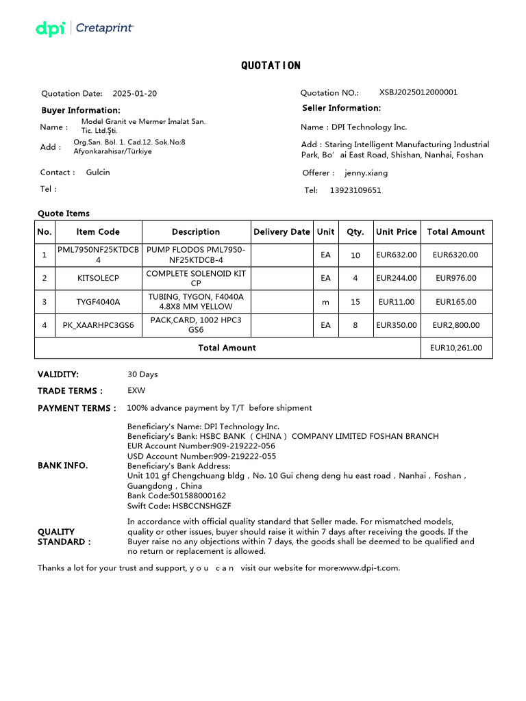 Spare Parts Quotation For Model Granit 20250120 | PDF