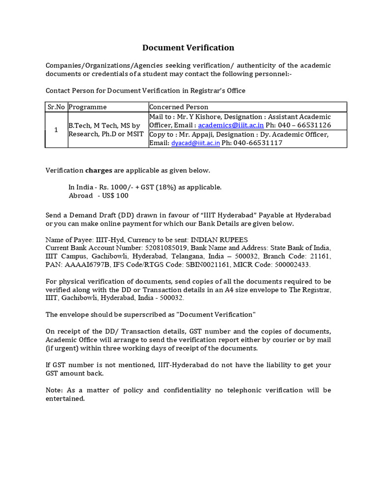 Document Verification Process at IIIT-Hyderabad | PDF