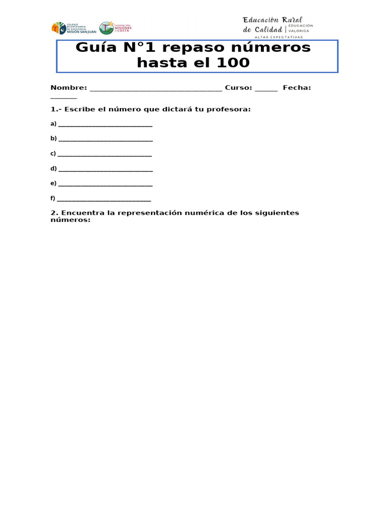 Repaso de Números del 1 al 100 | PDF