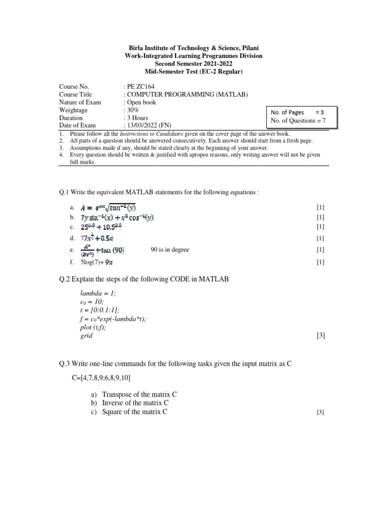 Pe ZC164 Ec-2r Second Sem 2021-2022 | PDF | Matlab | Matrix (Mathematics)
