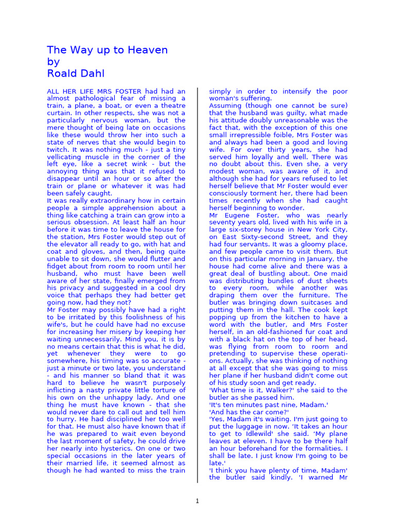 LANGUAGE I UNIT I SHORT STORY The Way Up To Heaven | PDF