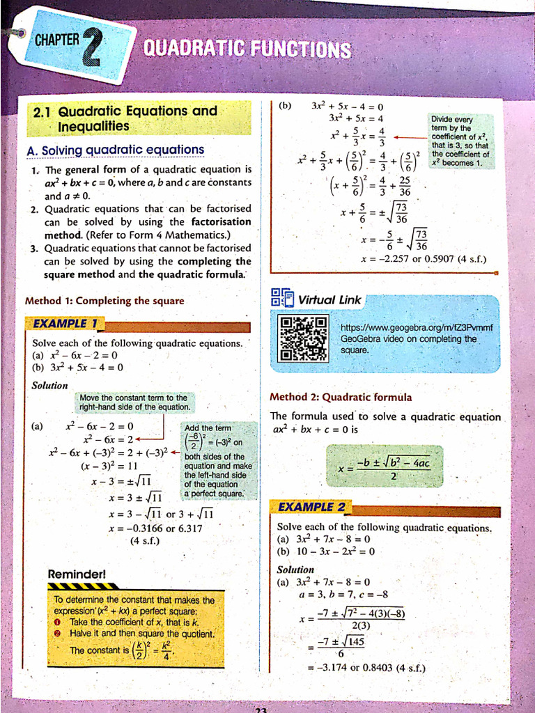 Form 4 Chapter 2 - Quadratic Functions | PDF