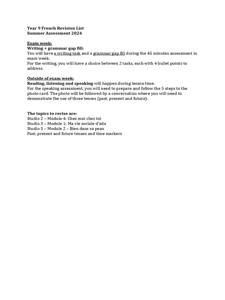 Year 9 French Revision List | PDF
