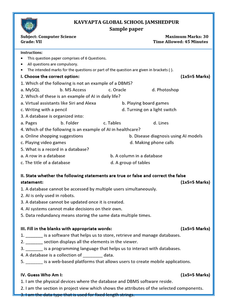 Grade VII Sample Paper Computer | PDF | Databases | Information Retrieval