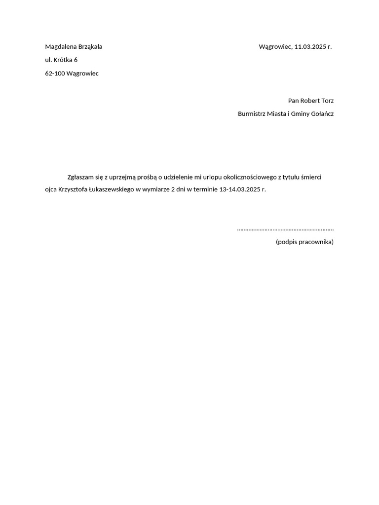 Urlop Okolicznosciowy Wniosek Wzor 37238993 | PDF