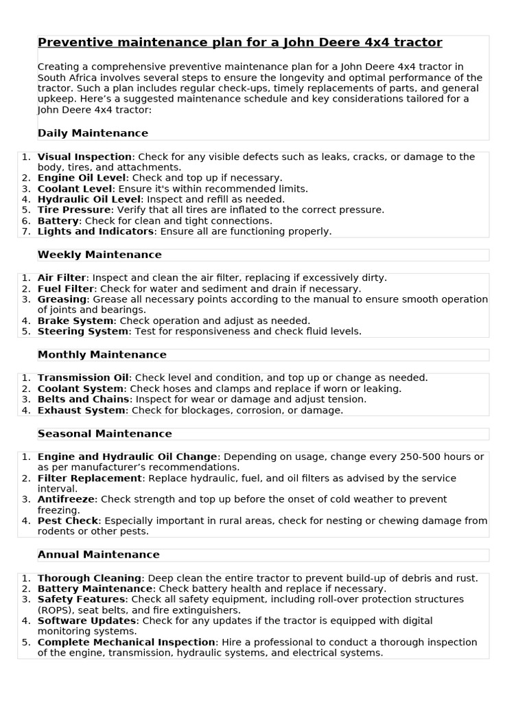John Deere 4x4 Tractor Maintenance Plan | PDF | Tractor | Mechanical ...