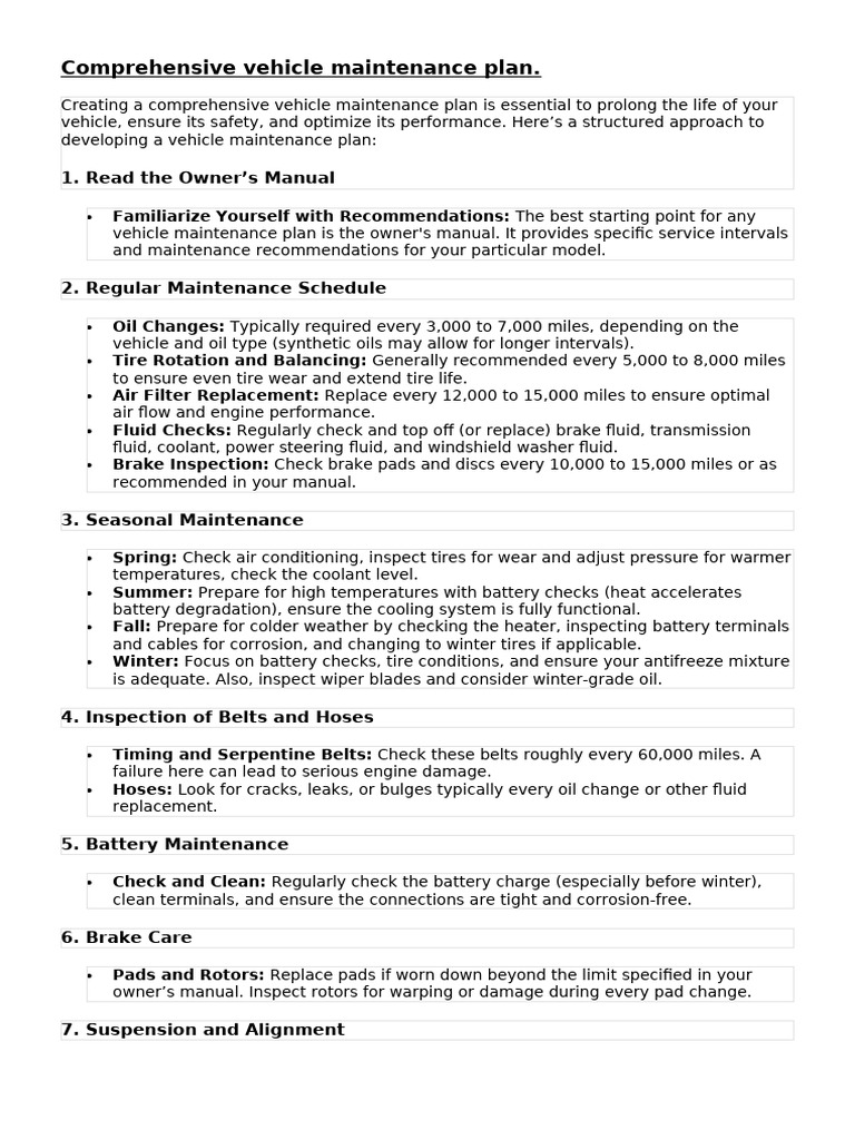 Comprehensive Vehicle Maintenance Plan | PDF | Brake | Tire