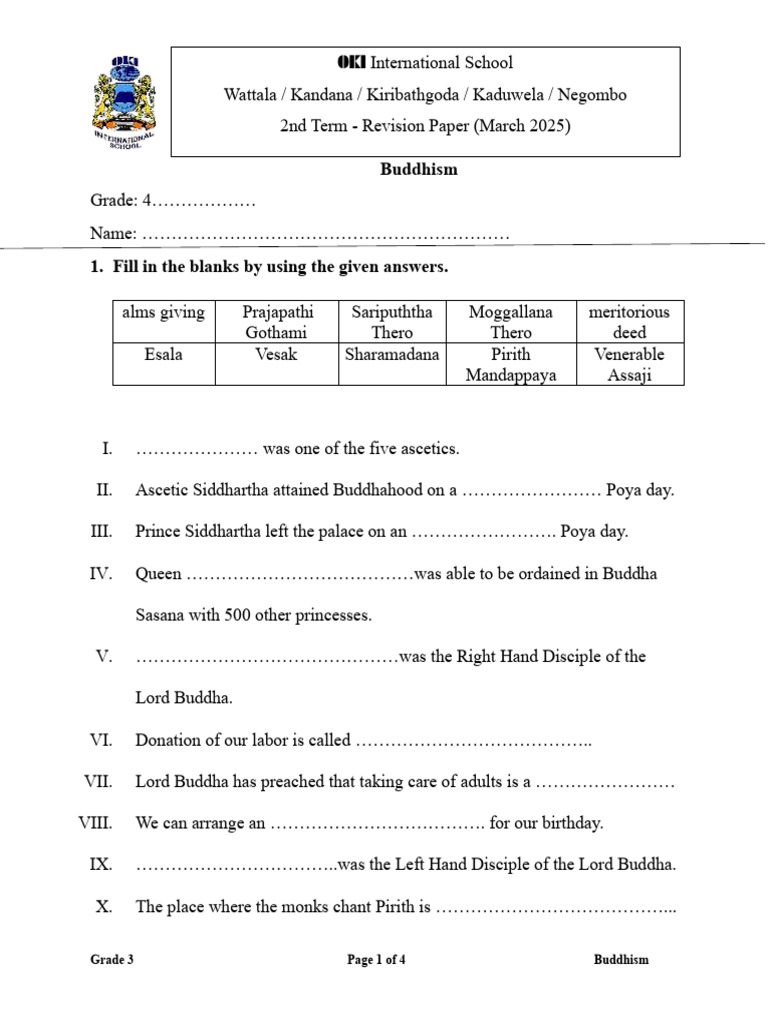 Grade 4 Buddhism Revision Paper 2025 | PDF | Indian Philosophy | Indian ...