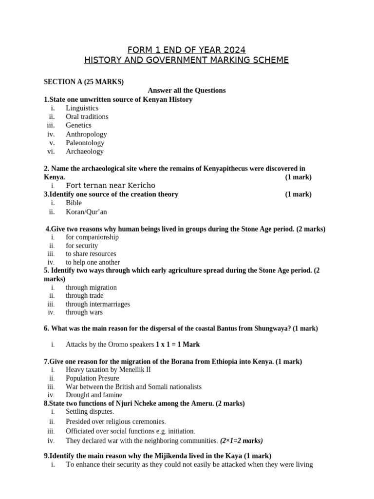 F1 History - Marking Scheme | PDF | Kenya | East Africa