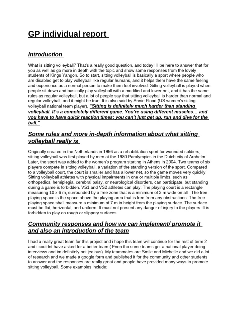 GP Individual Report Final - Bryan Phyo Thet Kyaw | PDF | Volleyball | Disability