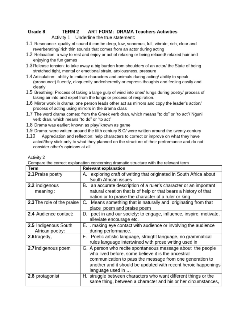 2024 Grade 8 Term 2 Drama Teachers Activities | PDF | Poetry | Tragedy