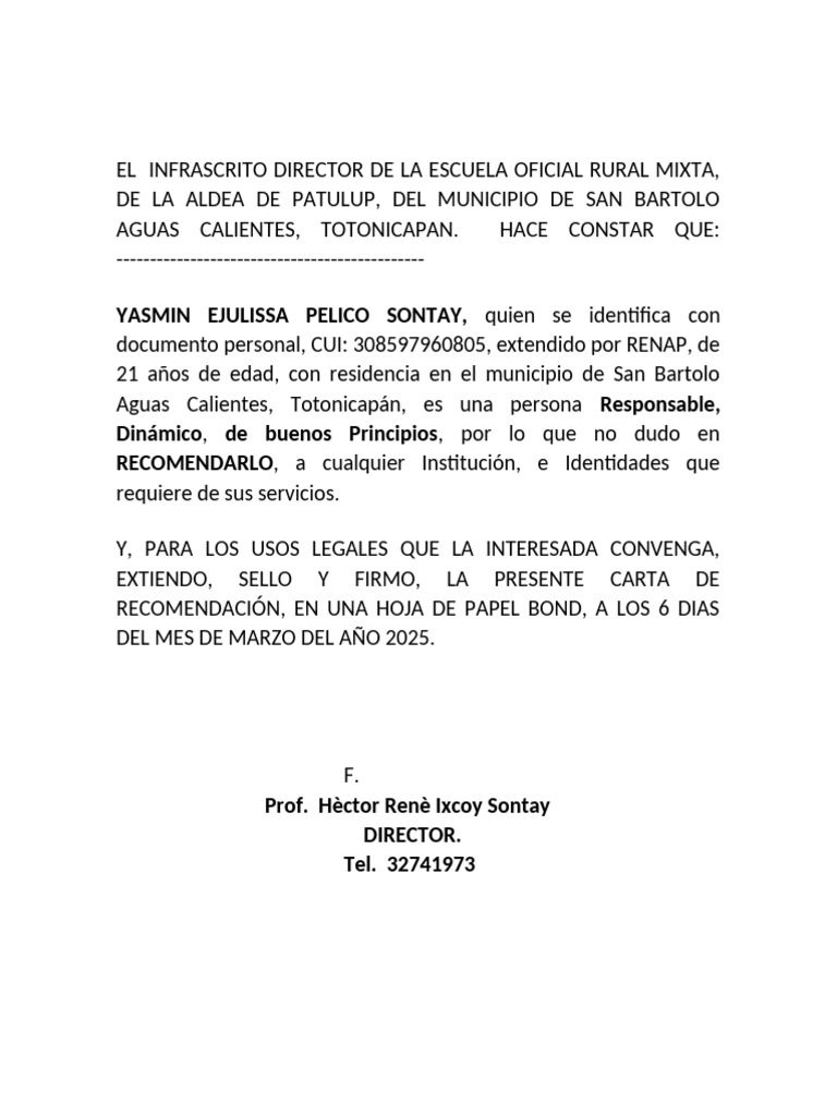 Carta de Recomendacion YULI | PDF