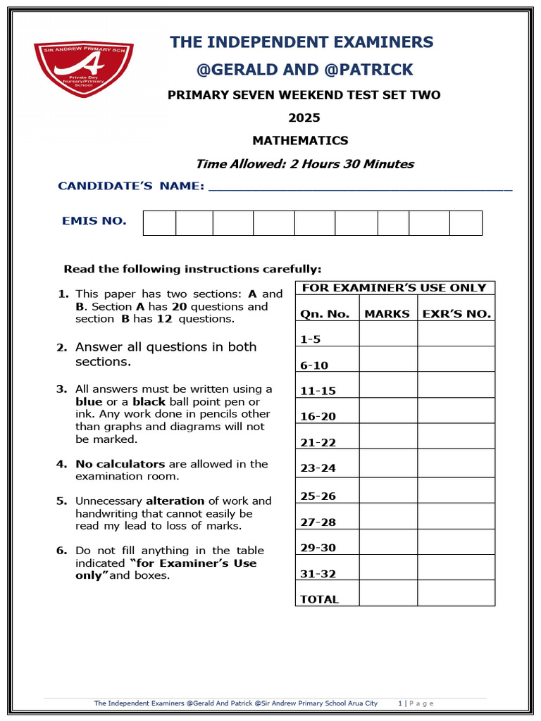 P.7 MTC Weekend Test Set Two | PDF | Mathematics