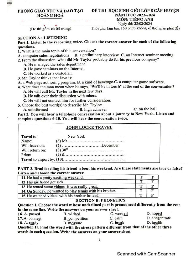 6-De Thi HSG Tieng Anh Lop 8-2023-2024-Hoang Hoa-Thanh Hoa | PDF