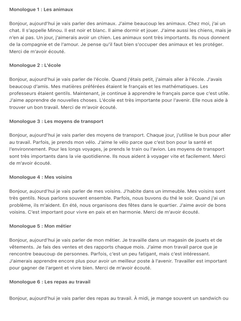 Monologues pour le DELF A2 | PDF | Repas