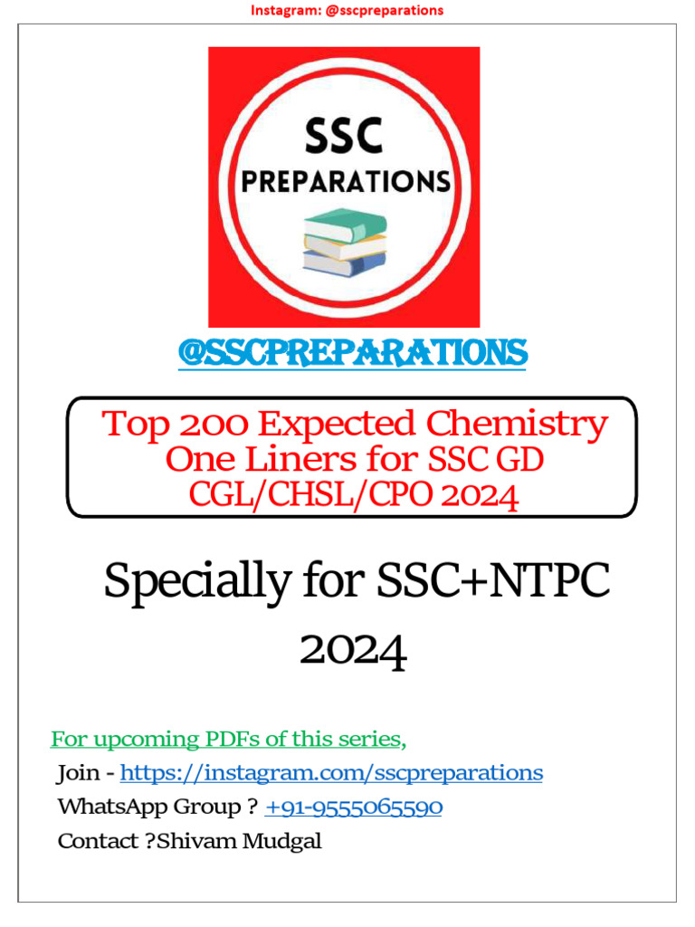 Top 200 Chemistry One Liners for SSC | PDF | Chemical Elements | Metals