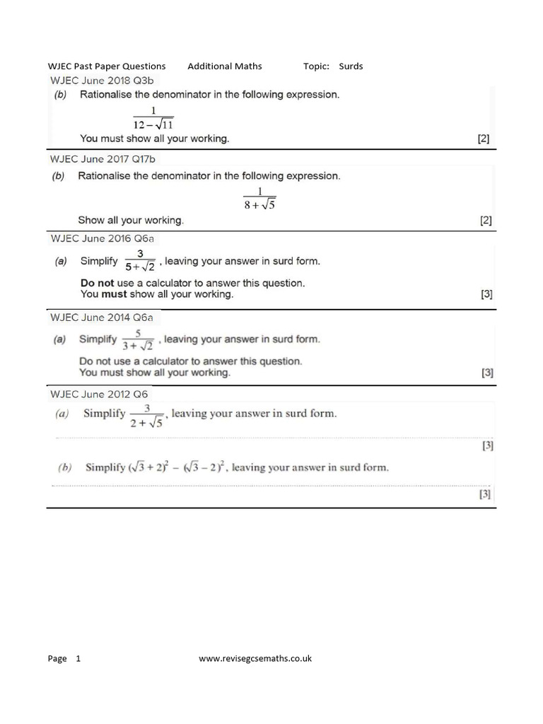 WJEC Additional Maths Surds Questions | PDF