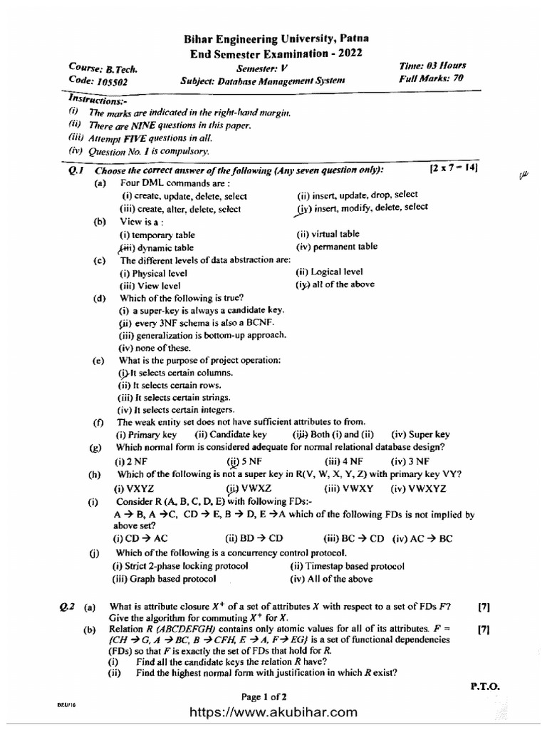 Btech 5 Sem Database Management System 105502 2022 | PDF