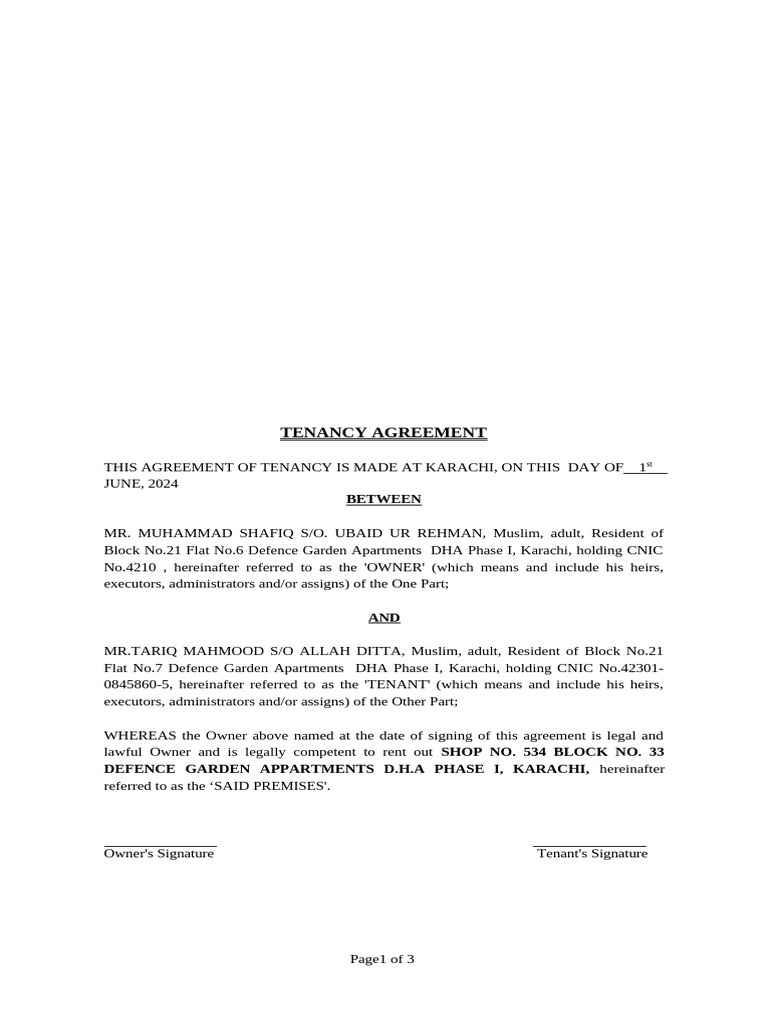 Tenancy Agreement Qamar Templet | PDF | Leasehold Estate | Lease