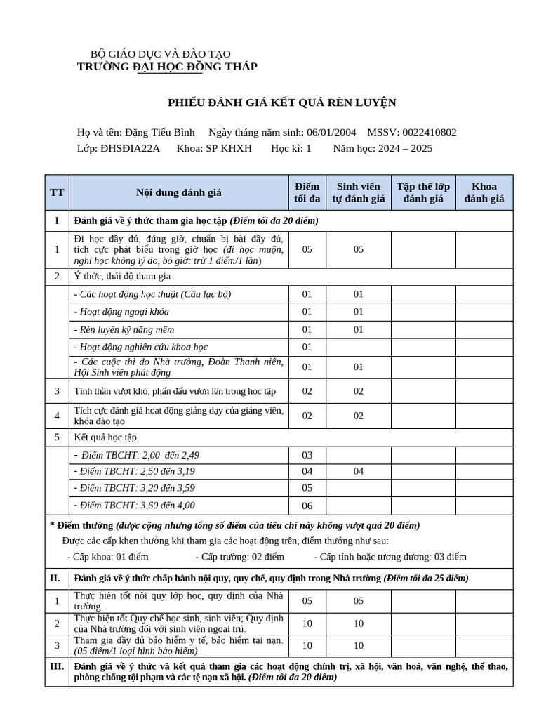 ĐIỂM RÈN LUYỆN Năm 3 HK1 | PDF