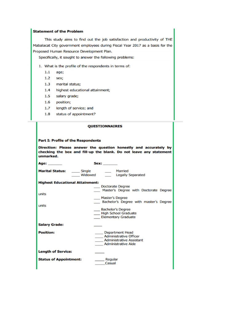 Sample Alignment of The Statement of The Problem With The Questionnire ...