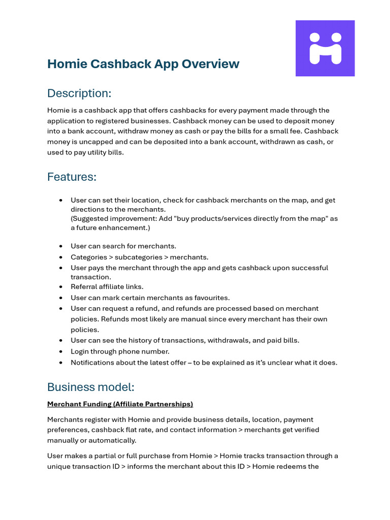 Homie Cashback App Overview | PDF | Credit Card | Service Industries