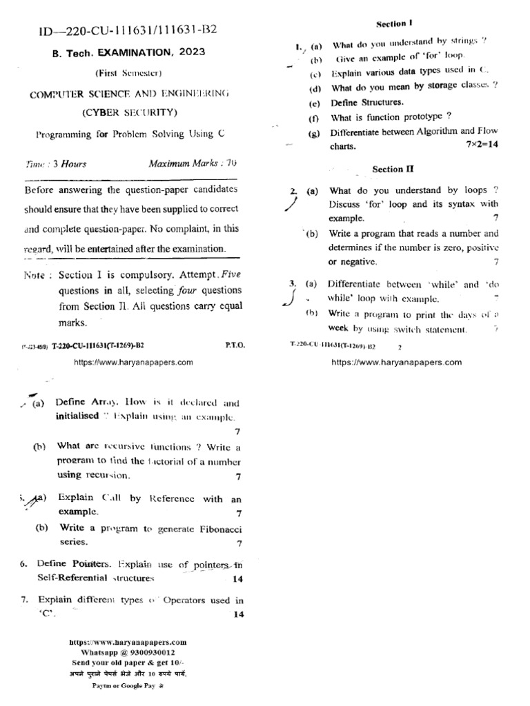 Btech 1 Sem Programming For Problem Solving Using C 111631 2023 | PDF