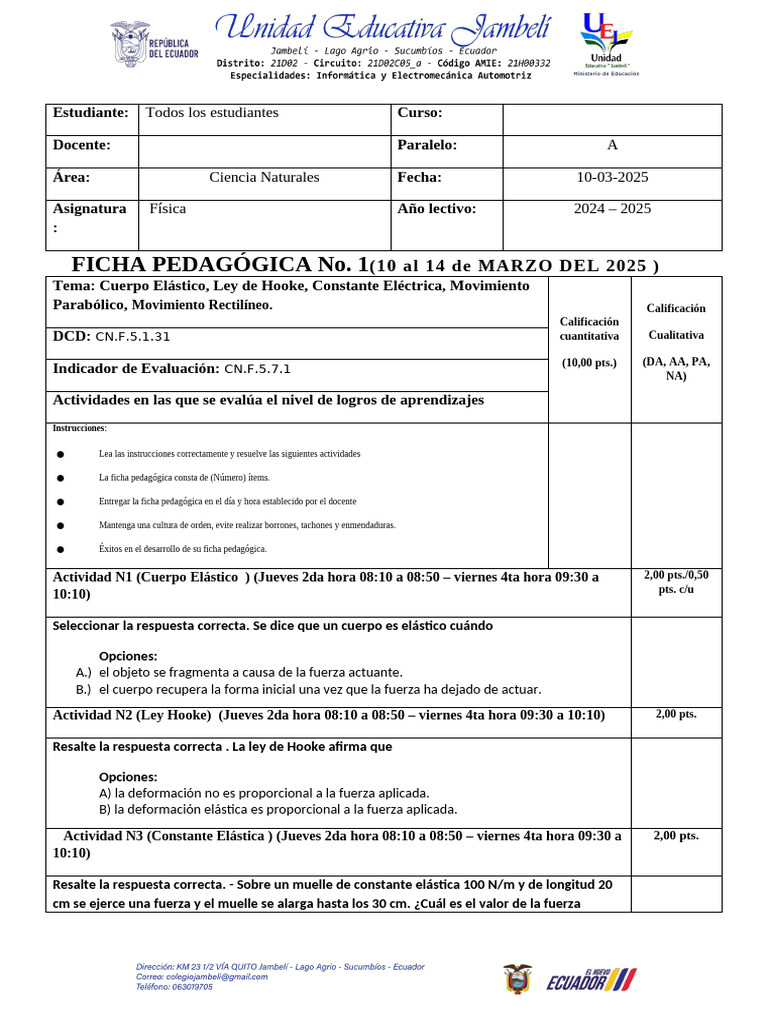 FORMATO FICHA PEDAGÓGICA 2do Electro FISICA | PDF | Deformación (Mecánica) | Mecánica de Medios ...