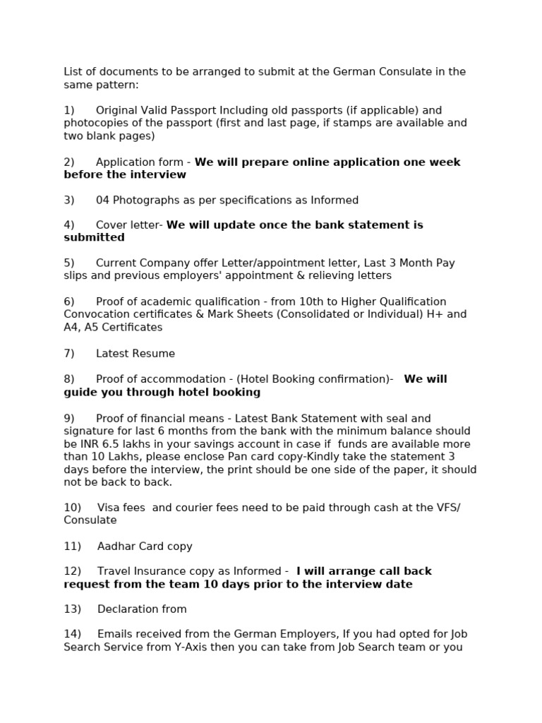 List of Documents To Be Arranged To Submit at The German Consulate in ...