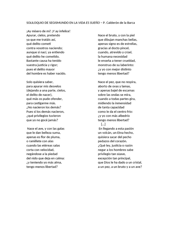 Soliloquio de Segismundo en La Vida Es Sueño | PDF