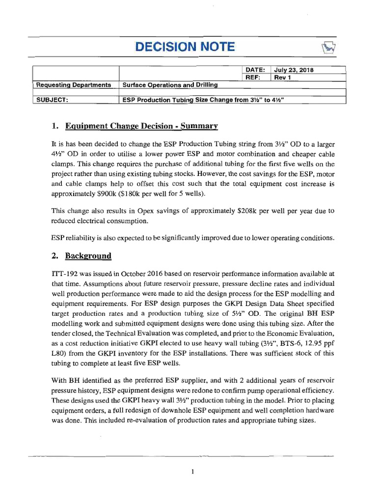 Decision Note For 4 " Tubing - Fully Signed | PDF
