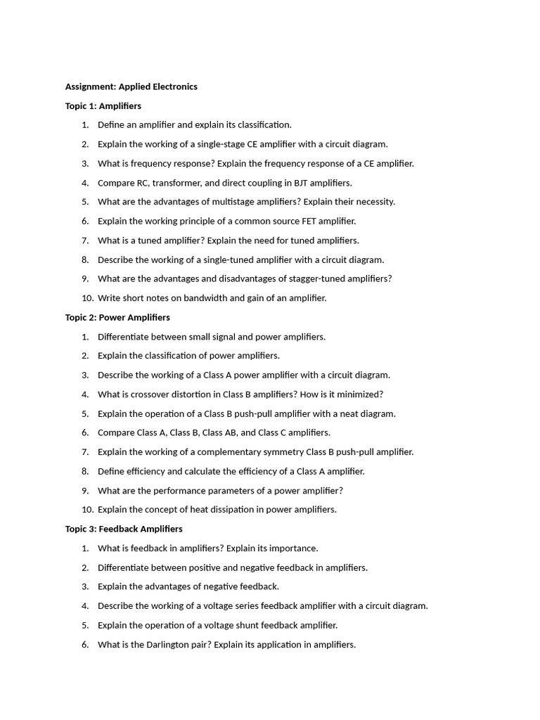 Assignment and Question Bank | PDF | Amplifier | Electronic Oscillator
