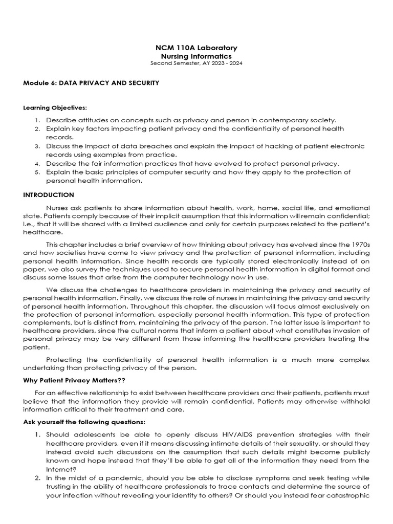 NCM-101A-Laboratory-Module-6-Data-Privacy-and-Security | PDF | Informed Consent | Privacy