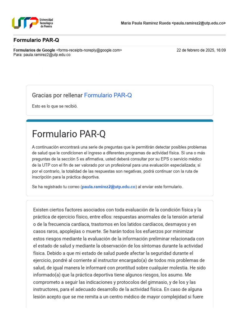 Correo de Universidad Tecnologica de Pereira - Formulario PAR-Q | PDF | Enfermedades y ...