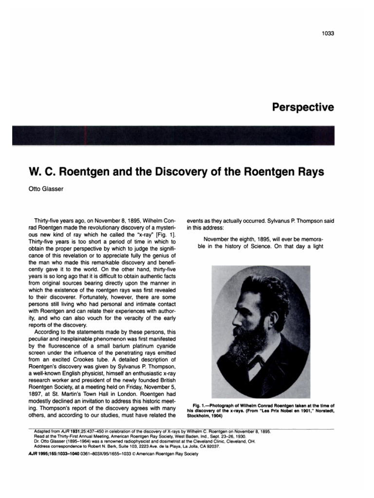 Glasser 2013 W C Roentgen and The Discovery of The Roentgen Rays | PDF ...