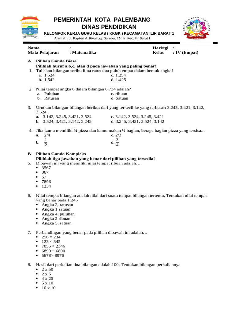 Master Soal Matematika Kelas 4 Semester 1 | PDF
