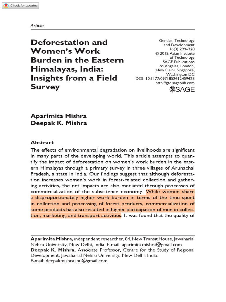Mishra Mishra 2012 Deforestation and Women S Work Burden in The Eastern ...