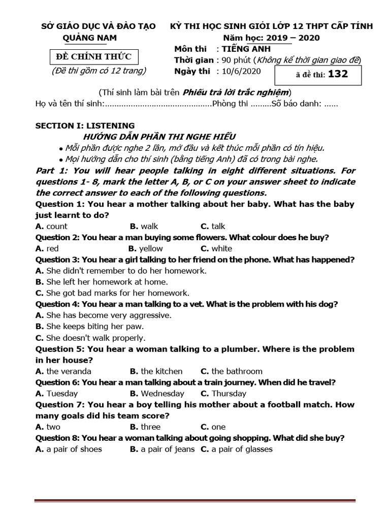 De Thi HSG Tieng Anh 12 Quang Nam 2020 | PDF | Oceans | Water