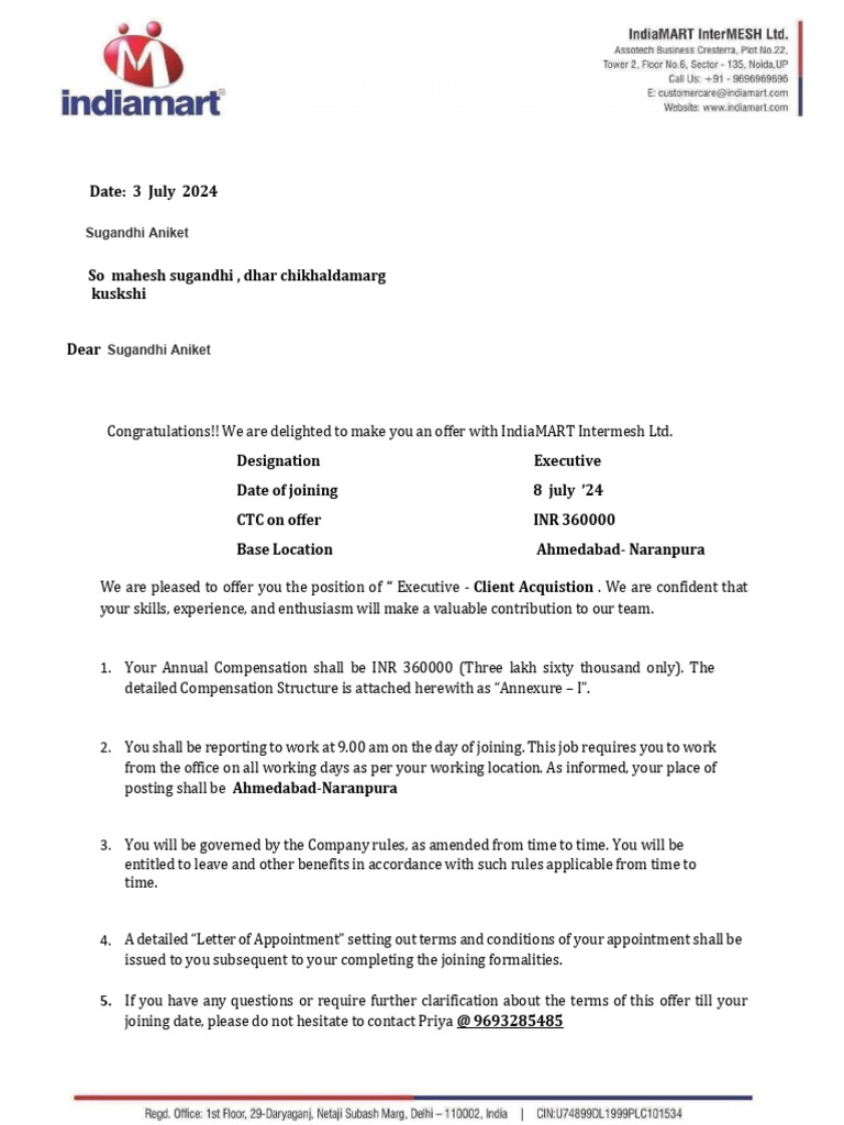 My Indiamart Offer Letter | PDF | Taxes | Government Finances