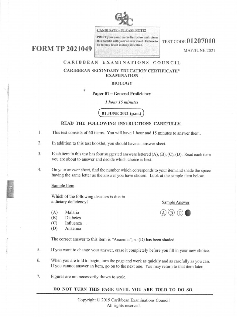 CSEC Biology MayJune P1 2021 Answers | PDF