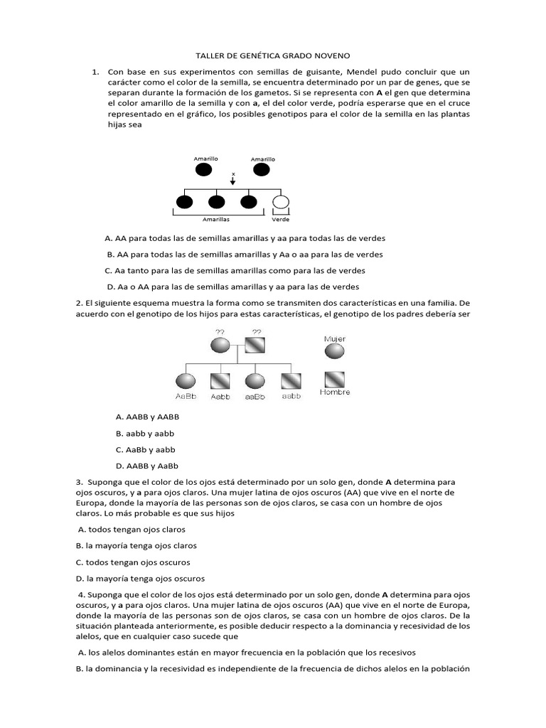 TALLER DE GENÉTICA GRADO NOVENO (1) | PDF | Dominancia (Genética) | Alelo