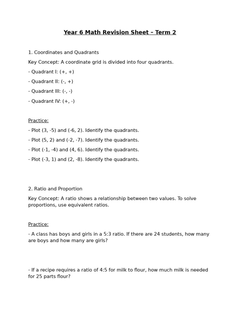 Year 6 Math Revision: Term 2 Topics | PDF | Ratio | Cartesian ...