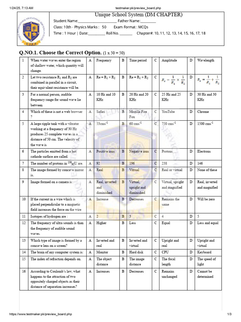 Physics MCQs for Class 10 Exam | PDF | Waves | Frequency