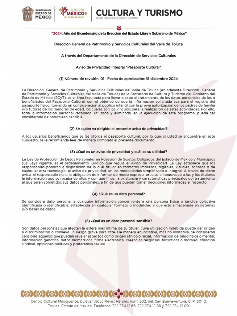 Aviso Integral Pasaporte Cultural | PDF | Privacidad | México