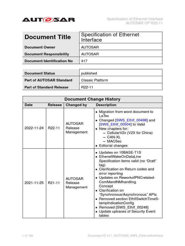 AUTOSAR SWS EthernetInterface | PDF | Ethernet | Computer Network
