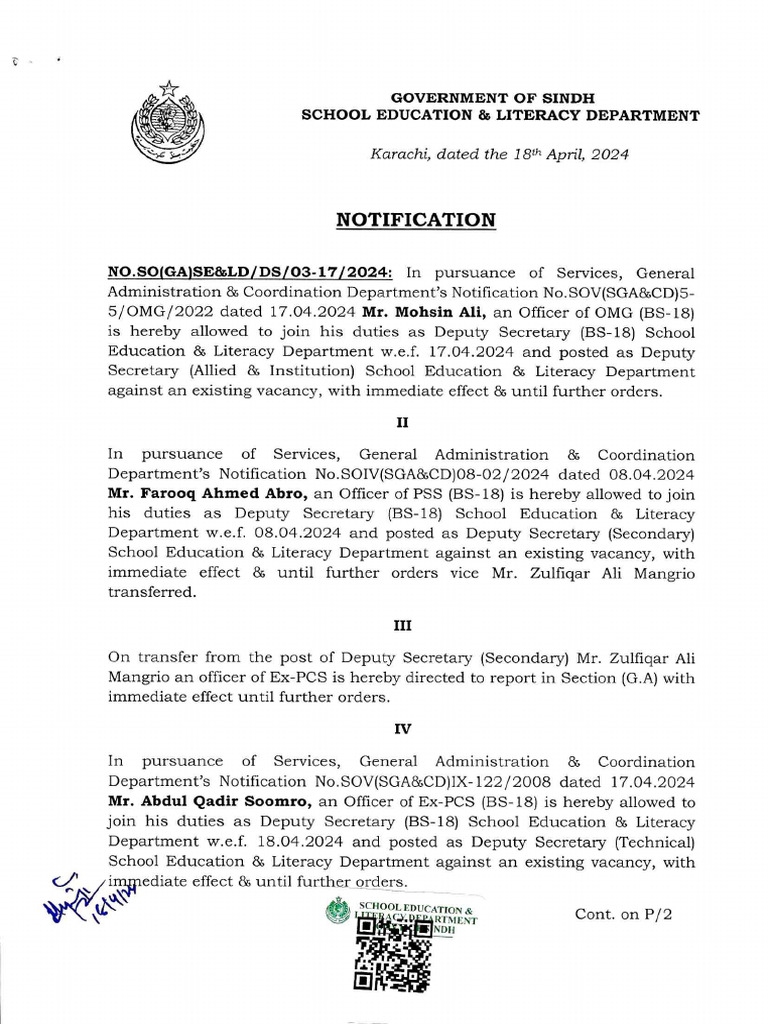 94485 Notification for allowed to join duties in SELD as Deputy Secretary (BS-18) in SELD in ...