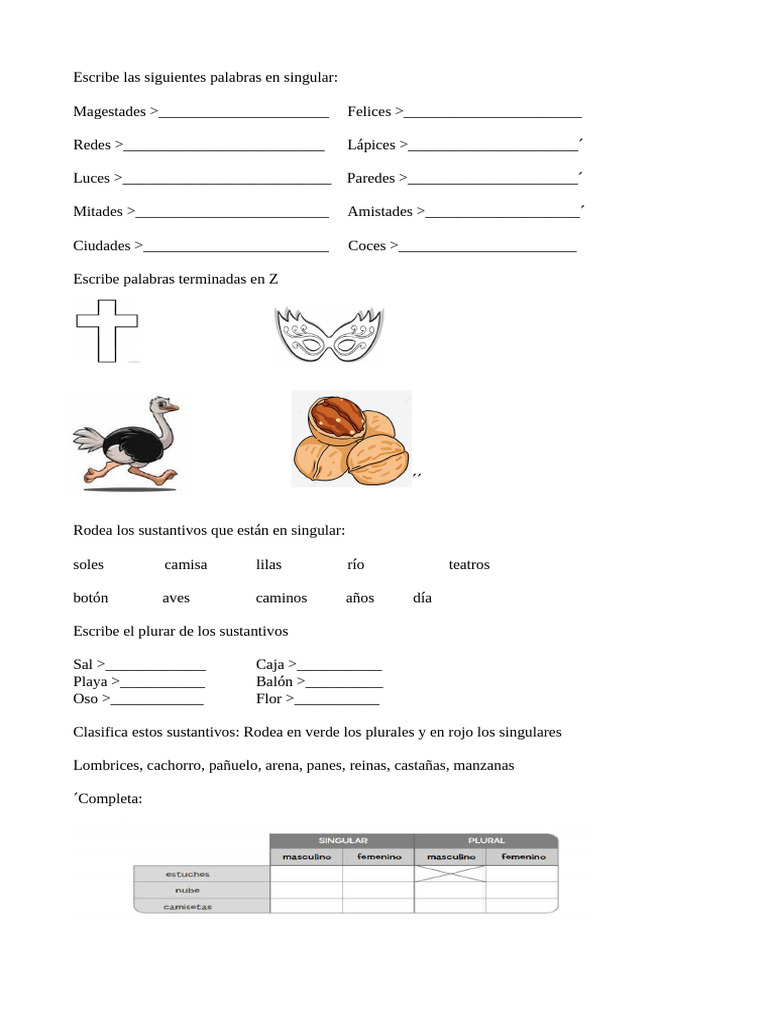 Ejercicios de Singular y Plural en Español | PDF
