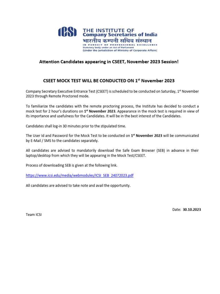 CSEET Mock Test Details for Nov 2023 | PDF