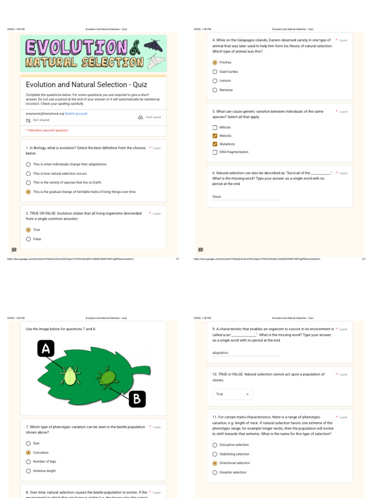 Evolution and Natural Selection - Quiz | PDF | Natural Selection ...