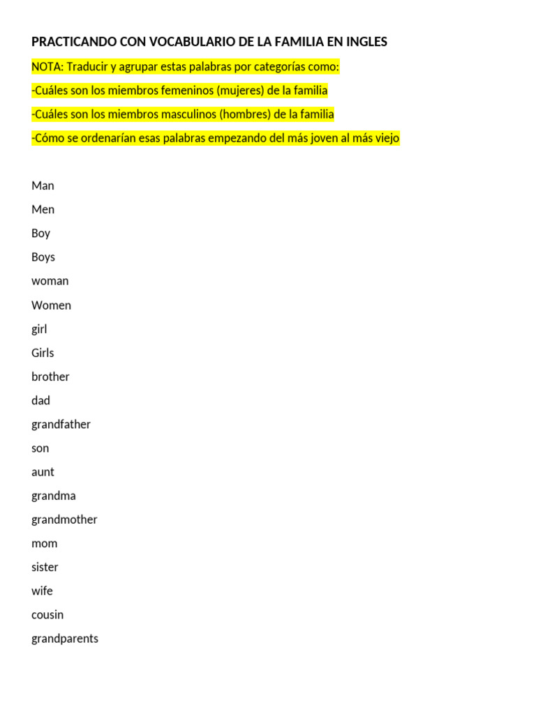 Vocabulario Familiar en Inglés | PDF